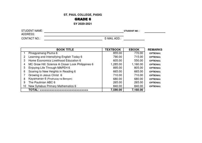 Grade 6 Textbook List 2020-2021 | PDF