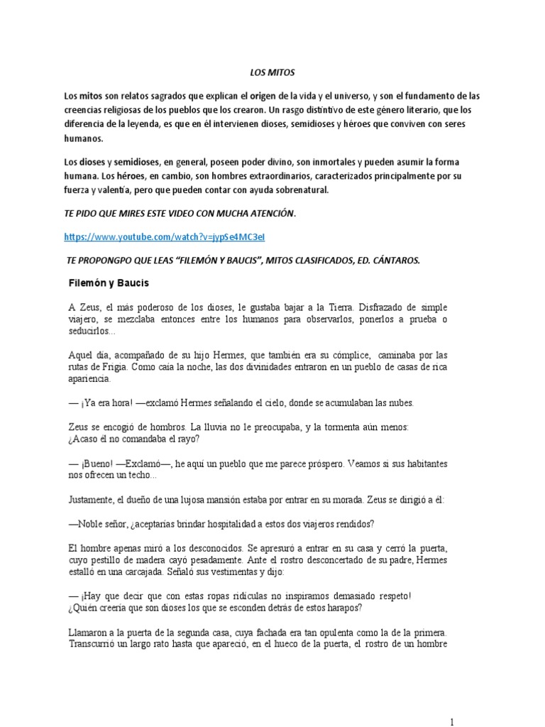 Los Mitos-Filemón y Baucis-Actividades | PDF | Zeus