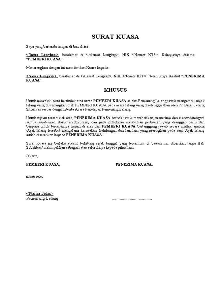 Surat Kuasa Pengambilan Barang Lelang - Non BL | PDF