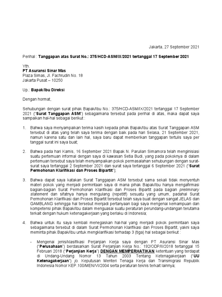[JUDUL]: Tanggapan Atas Surat Permohonan Klarifikasi Perjanjian Kerja ...