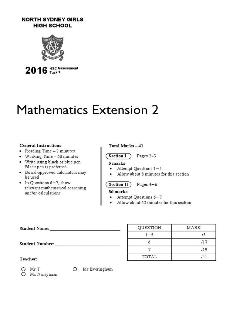 Mathematics Extension 2: North Sydney Girls High School | PDF | Complex ...