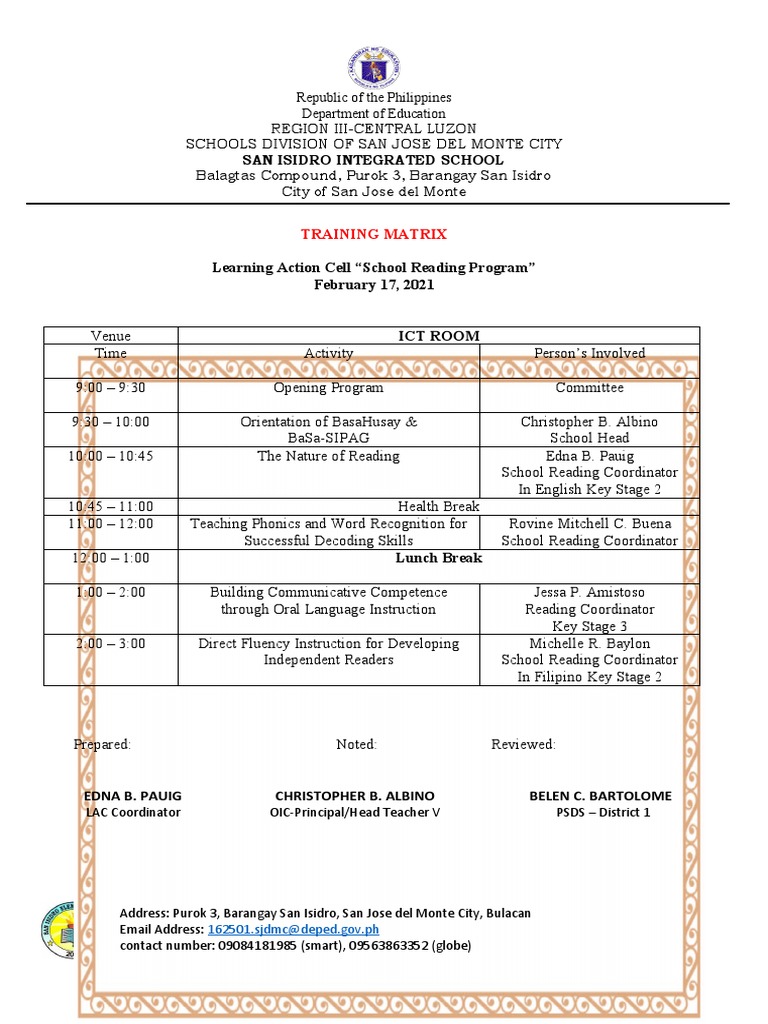 School Reading Program Training Matrix | PDF | Cognitive Science ...