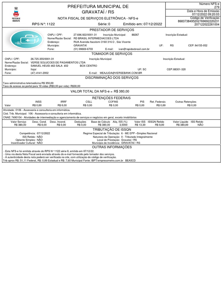NFSe 279 - VERSE BANK | PDF