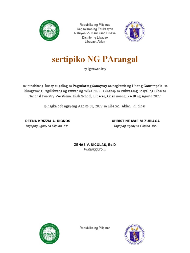 Sertipiko Buwan NG Wika 2022 | PDF