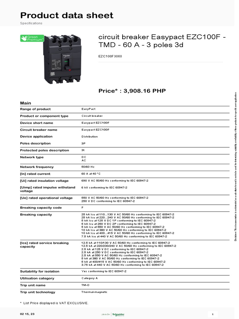 Product Data Sheet: Circuit Breaker Easypact EZC100F - TMD - 60 A - 3 Poles 3d | PDF ...