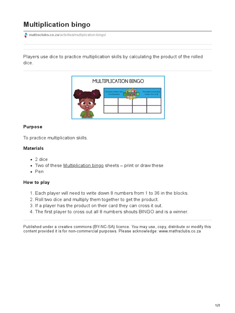Multiplication Bingo: Purpose | PDF