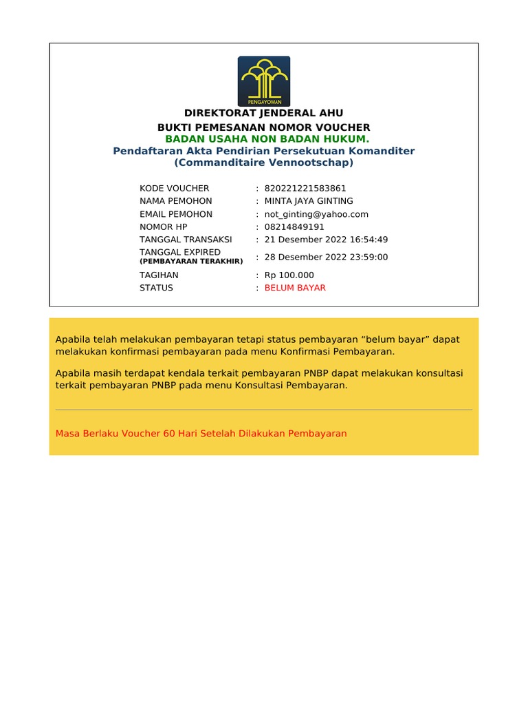 Pendaftaran Akta Pendirian Persekutuan Komanditer (Commanditaire ...