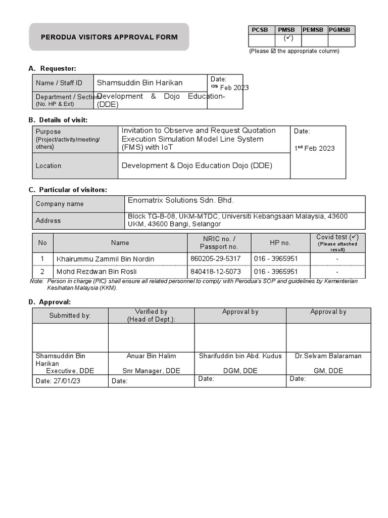 Perodua Visitors Approval Form: A. Requestor | PDF