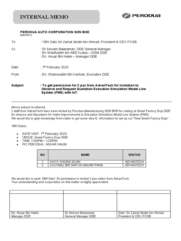 Internal Memo: Perodua Auto Corporation SDN BHD | PDF
