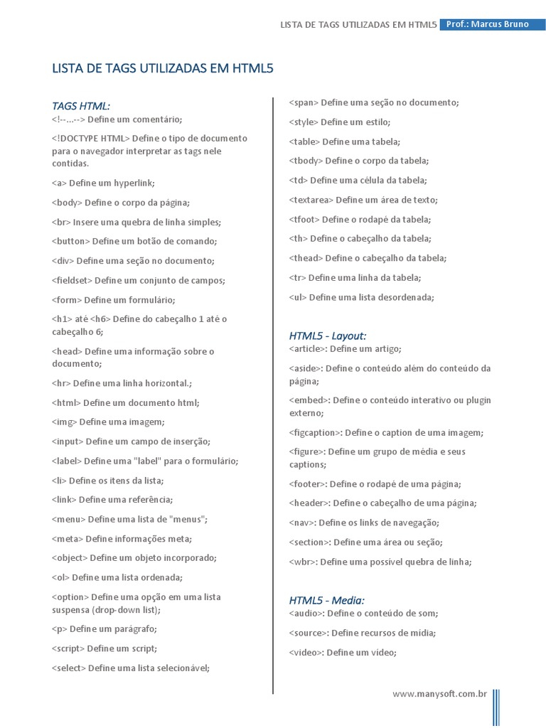 Tags para HTML5 | PDF | Html5 | Engenharia de Software