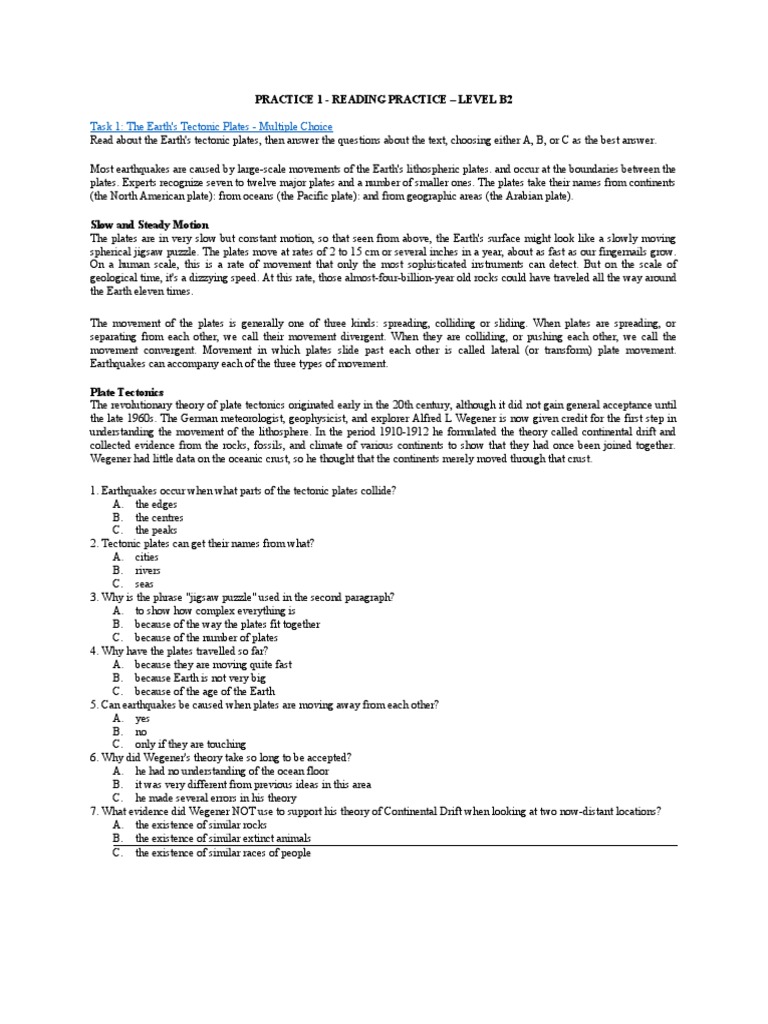 Practice 1 - Reading Practice - B2 Level | PDF | Plate Tectonics | Domestication