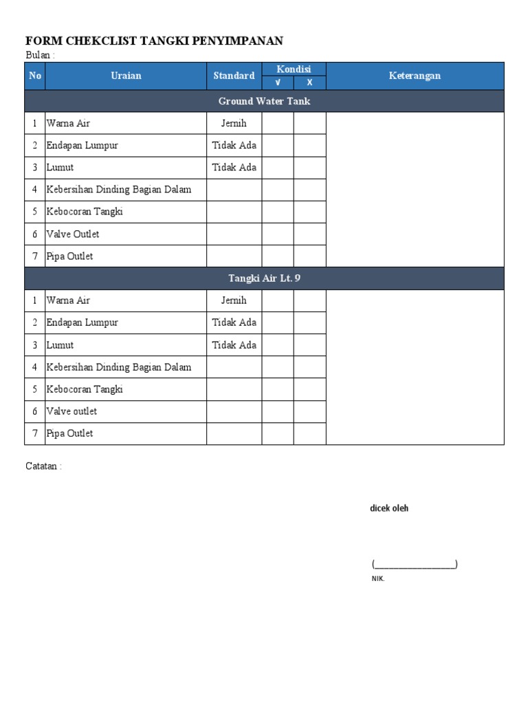 Form Chekclist Tangki Penyimpanan: No Uraian Standard Kondisi ...