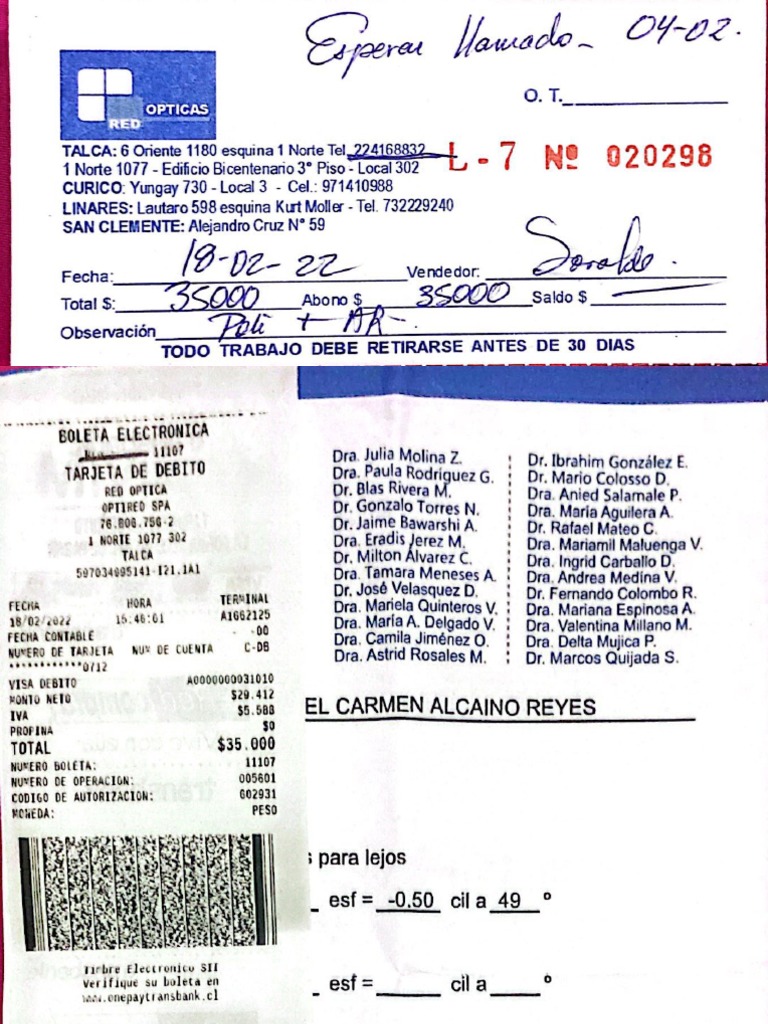 Recibo Lentes Óptica Talca | PDF