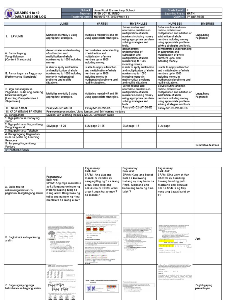 DLL Math-2 Q2 W5 | PDF | Multiplication | Cognition