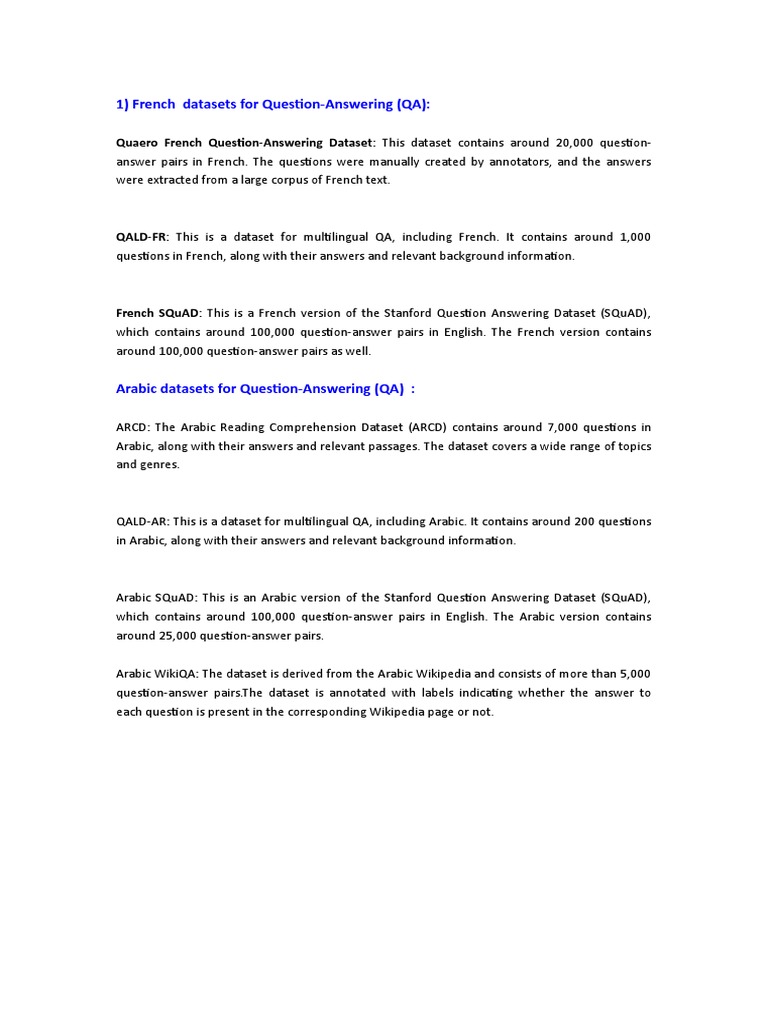 1) French Datasets For Question-Answering (QA) | PDF