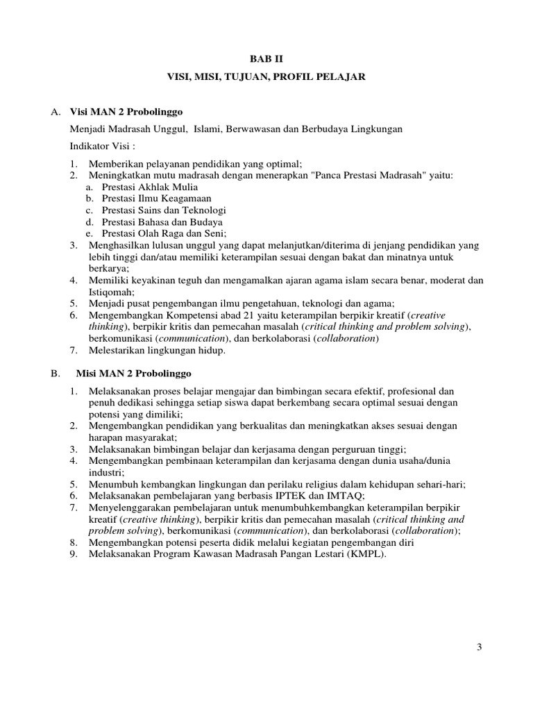 Bab Ii Visi, Misi, Tujuan, Profil Pelajar | PDF