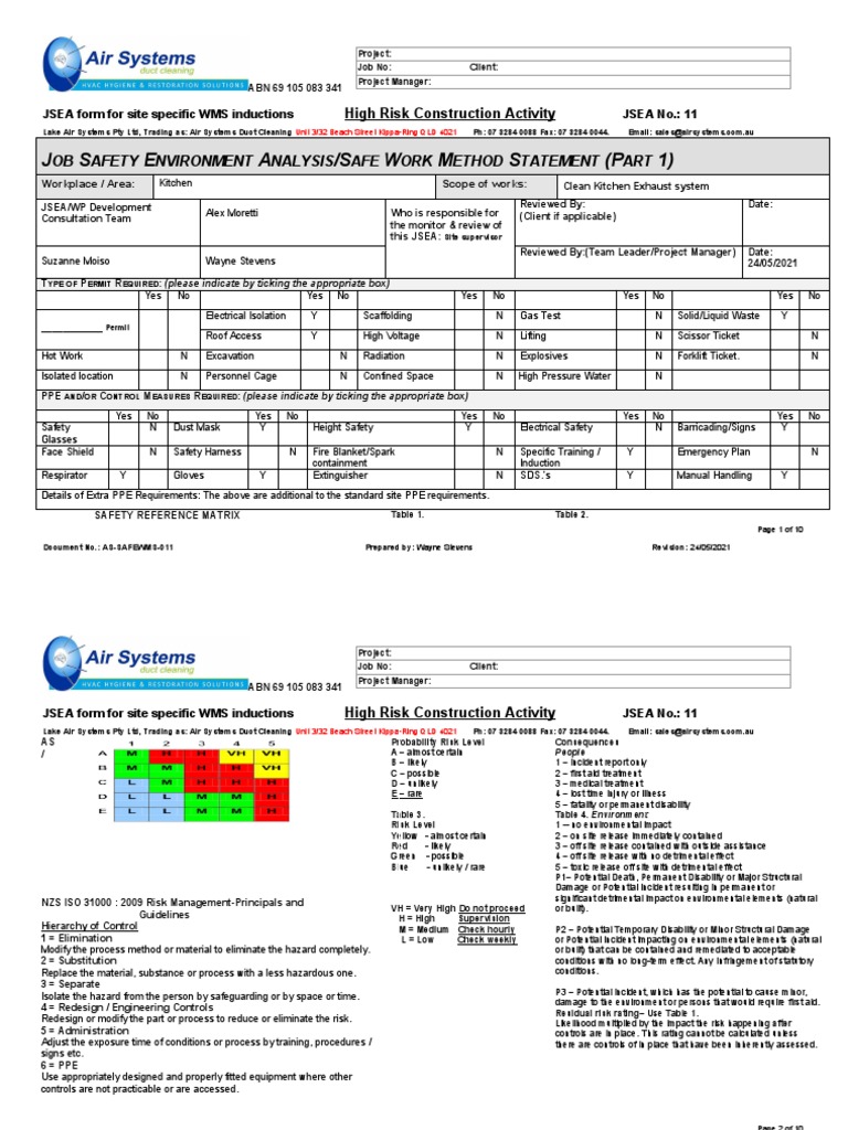 11 JSEA and SWMS Kitchen Exhaust Canopy | PDF | Occupational Safety And ...
