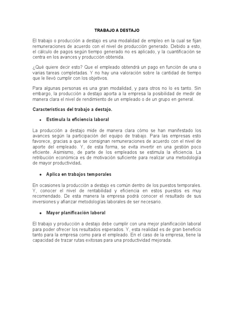 Trabajo a Destajo: Definición y Ejemplos | PDF | Pieza de trabajo ...