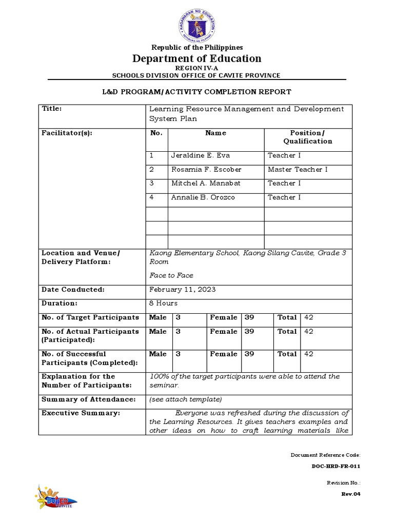 LR DOC HRD FR 011 LD Program - Activity Completion Report LR | Download Free PDF | Teachers ...