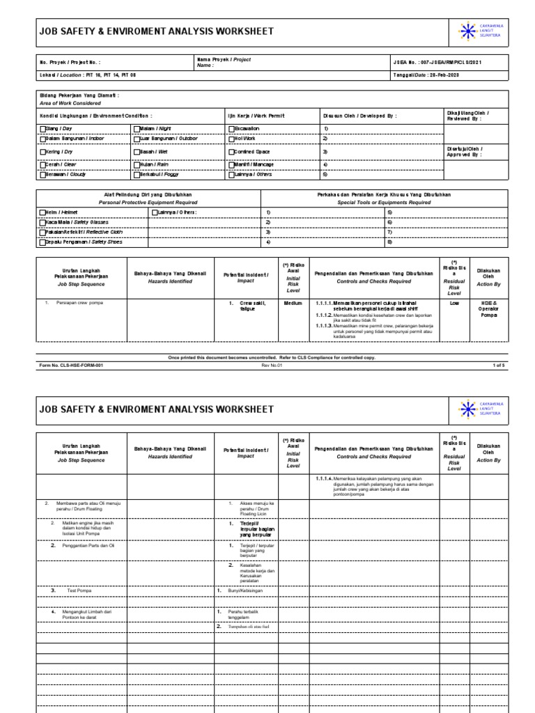 HSE-FORM-JSEA-01 Job Safety & Enviroment Analysis | PDF