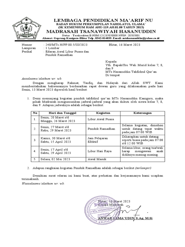 Surat Edaran Libur Puasa | PDF