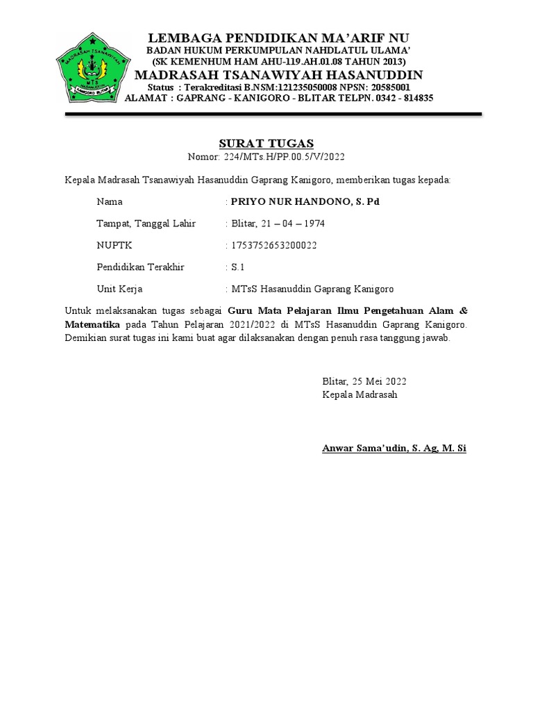 SURAT TUGAS Guru Mapel | PDF