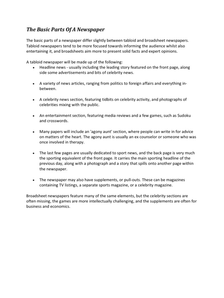 Parts of a Newspaper Explained | PDF