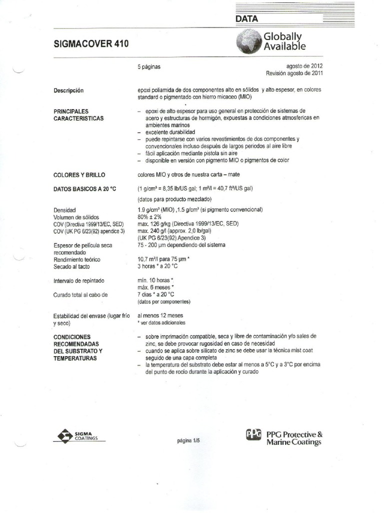 Sigmacover 410 Data Sheet | PDF