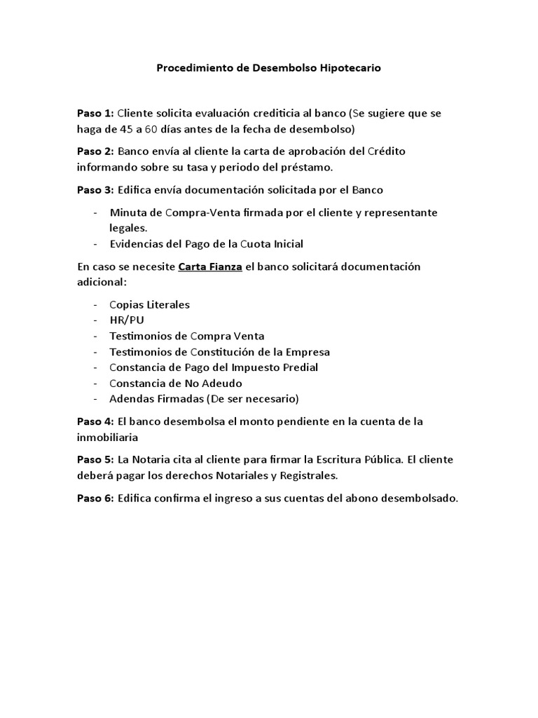 Procedimiento de Desembolso Hipotecario | PDF