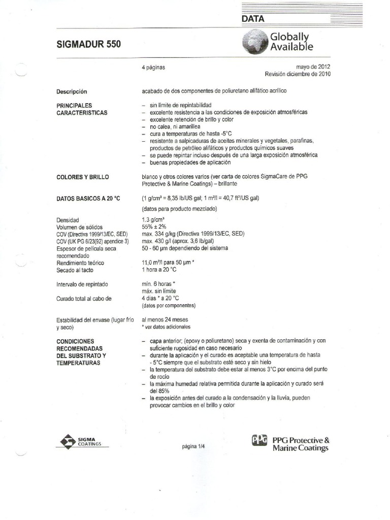 Sigmadur 550 Data Sheet | PDF