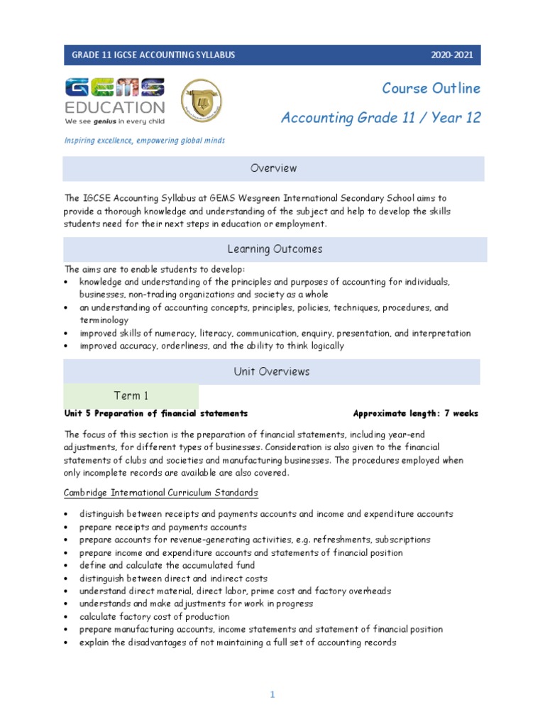 Accounting Grade 11 / Year 12: Course Outline | PDF | Revenue | Learning