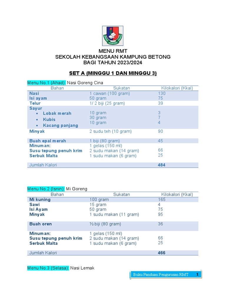 Jadual Menu RMT 2023:2024 | PDF