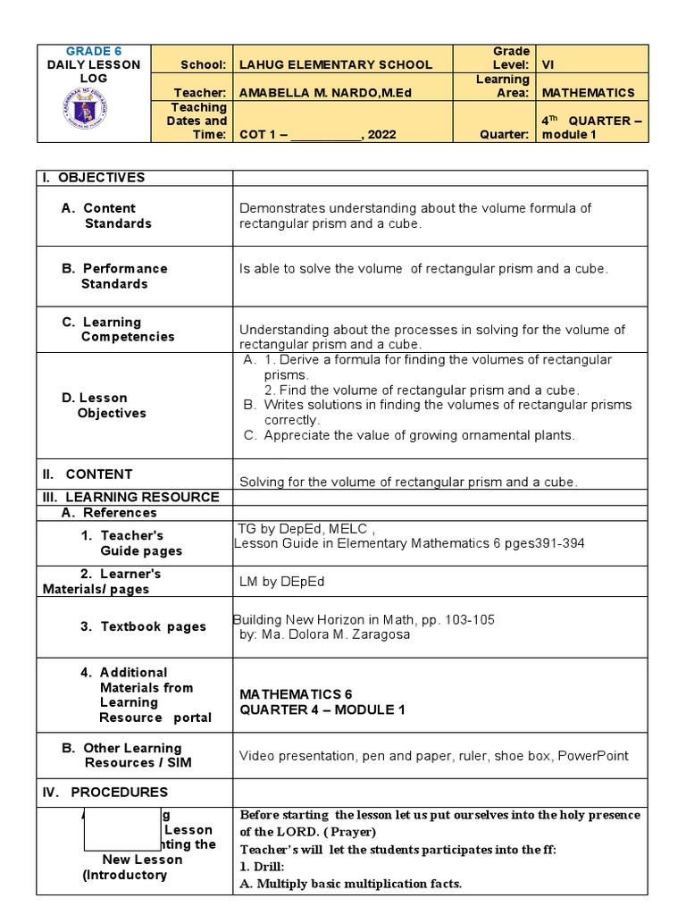 My Cot 1 Math6 Nardo | PDF | Volume | Learning