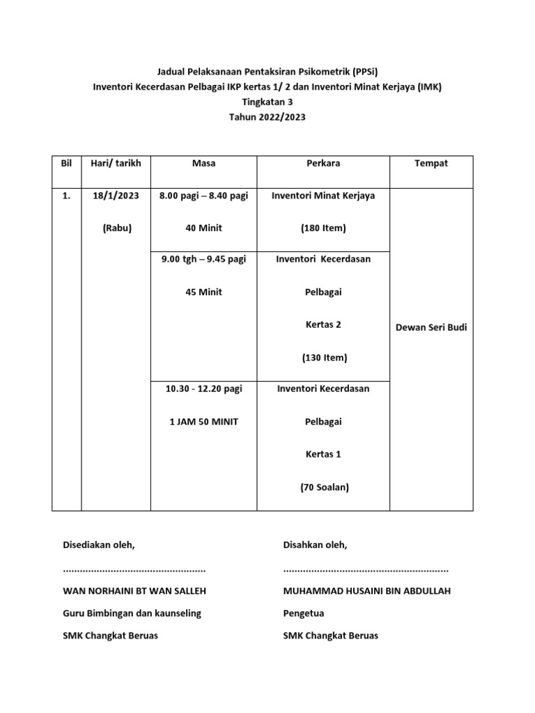 Jadual Pelaksanaan Ujian Psikometrik Ting 3 | PDF