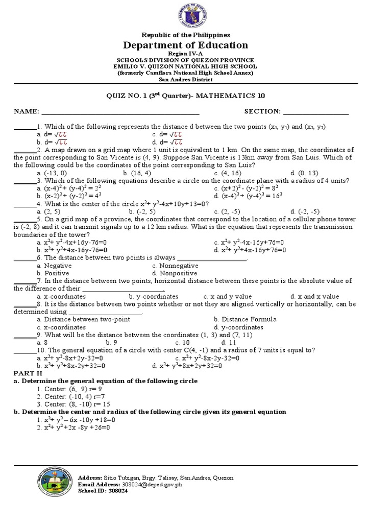 Quiz No. 1 - 3rd Quarter-G10 | PDF | Elementary Mathematics ...