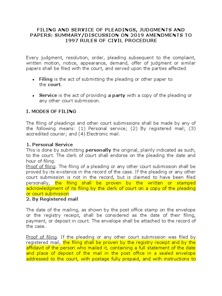 A Comprehensive Summary of the Key Changes to Modes of Filing and Service of Court Submissions ...