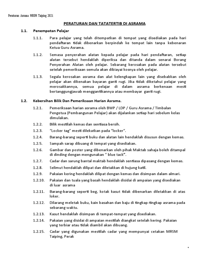 Peraturan Asrama | PDF