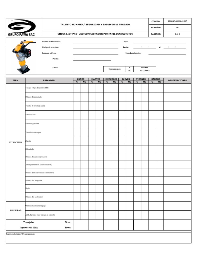 Reg-gp-Aa-01-015 - Check List Compactador Portatil (Cangurito) | PDF ...