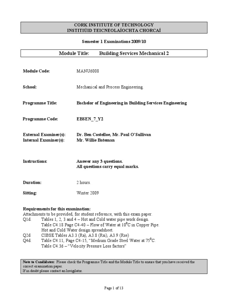 Building Services Mechanical Exam 2009/10 | PDF | Heat Transfer | Water ...