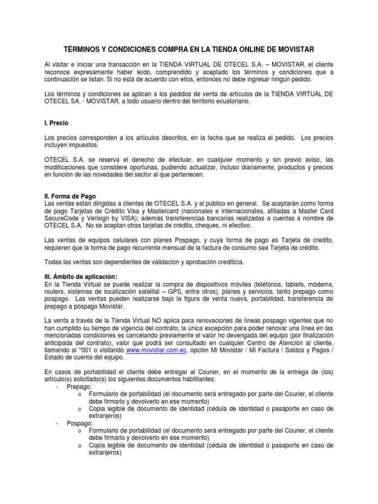 Términos Y Condiciones Compra en La Tienda Online de Movistar | PDF | Las compras en línea ...