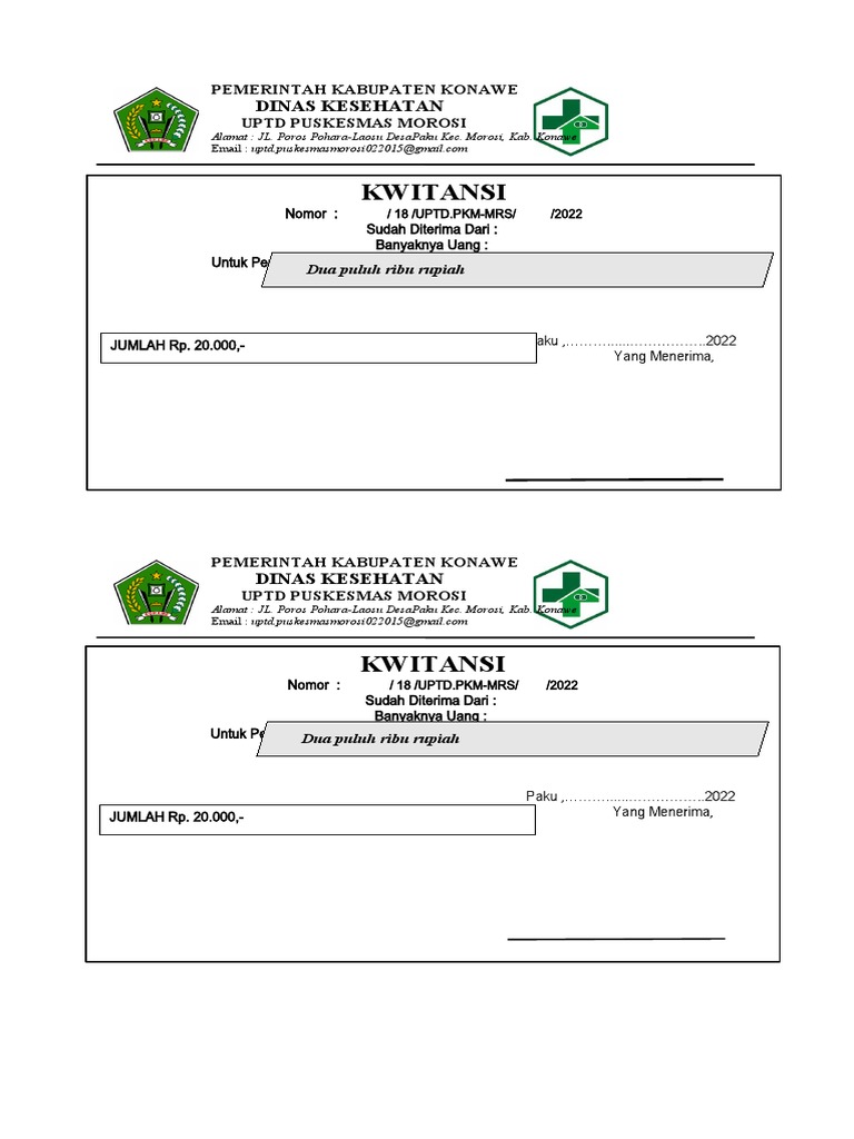 Kwitansi PKM MOROSI | PDF | Pengelolaan Keuangan & Uang