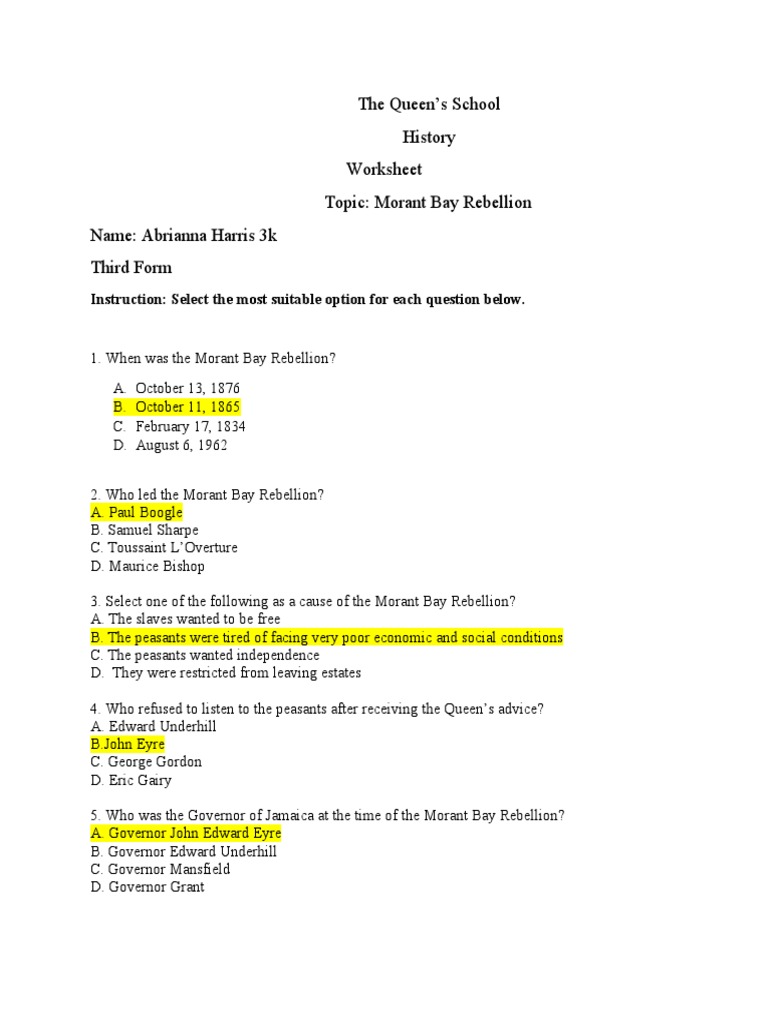 Third Form History Worksheet Abrianna Harris 3k | PDF