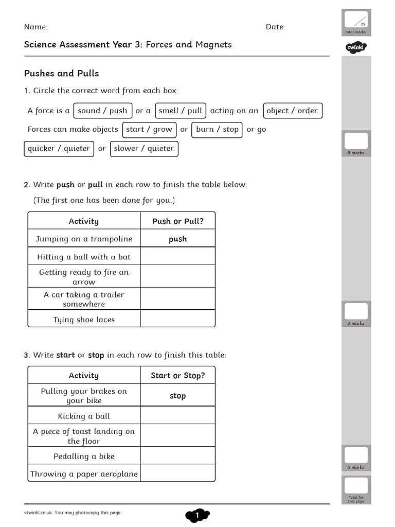 T2 S 878 Y3 Forces and Magnets End of Unit Assessment - Ver - 3 | PDF ...