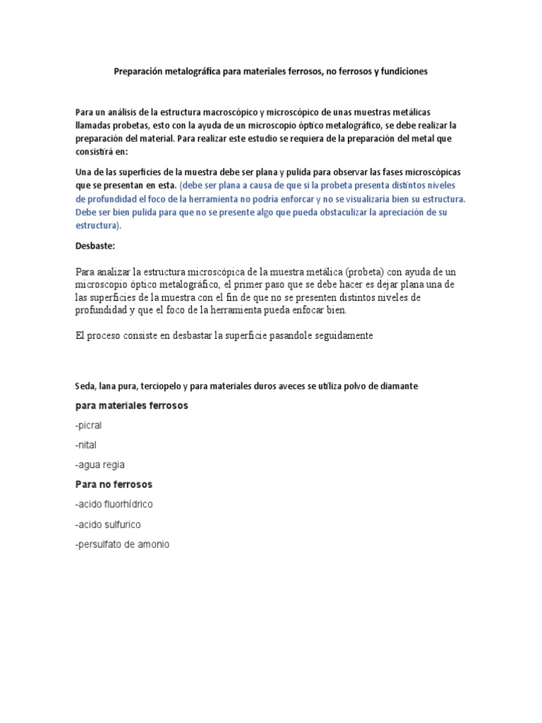 Preparación Metalográfica para Materiales Ferrosos | PDF