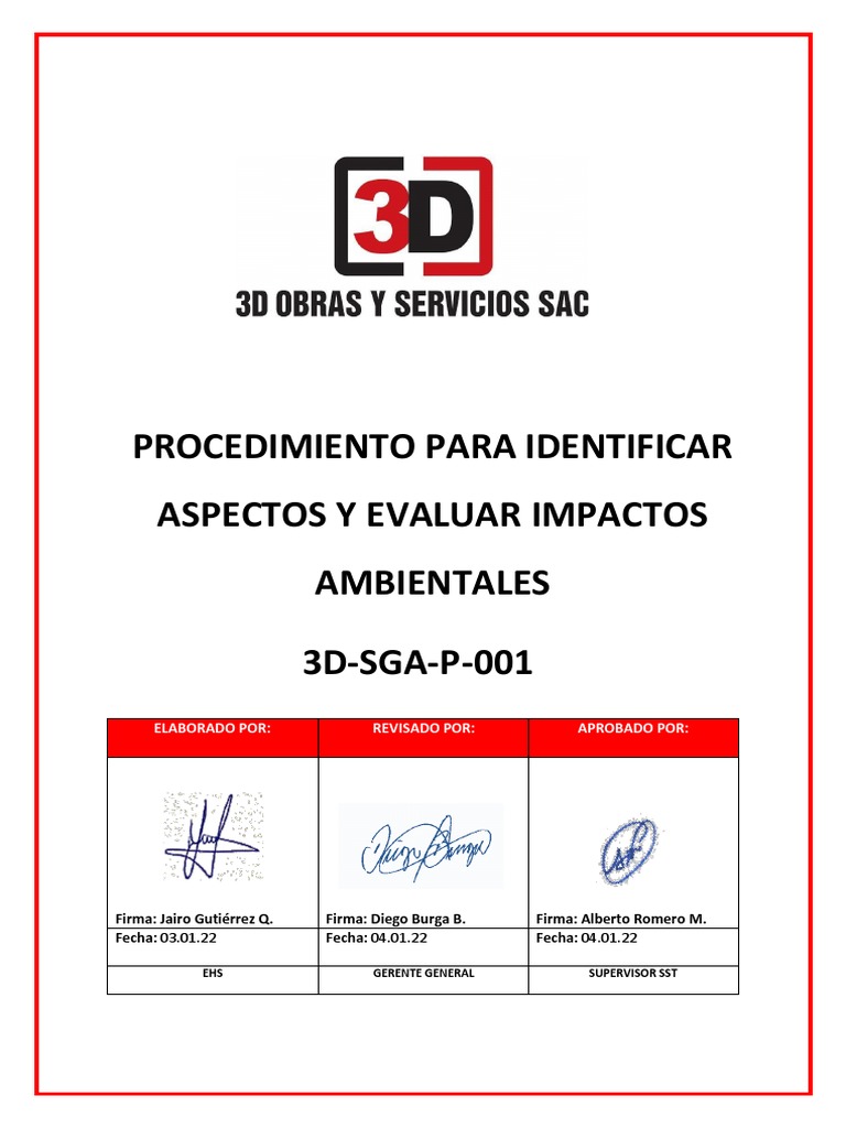 3D-SGA-P-001 Procedimiento para Aspectos e Impactos Ambientales | PDF | Evaluación de impacto ...