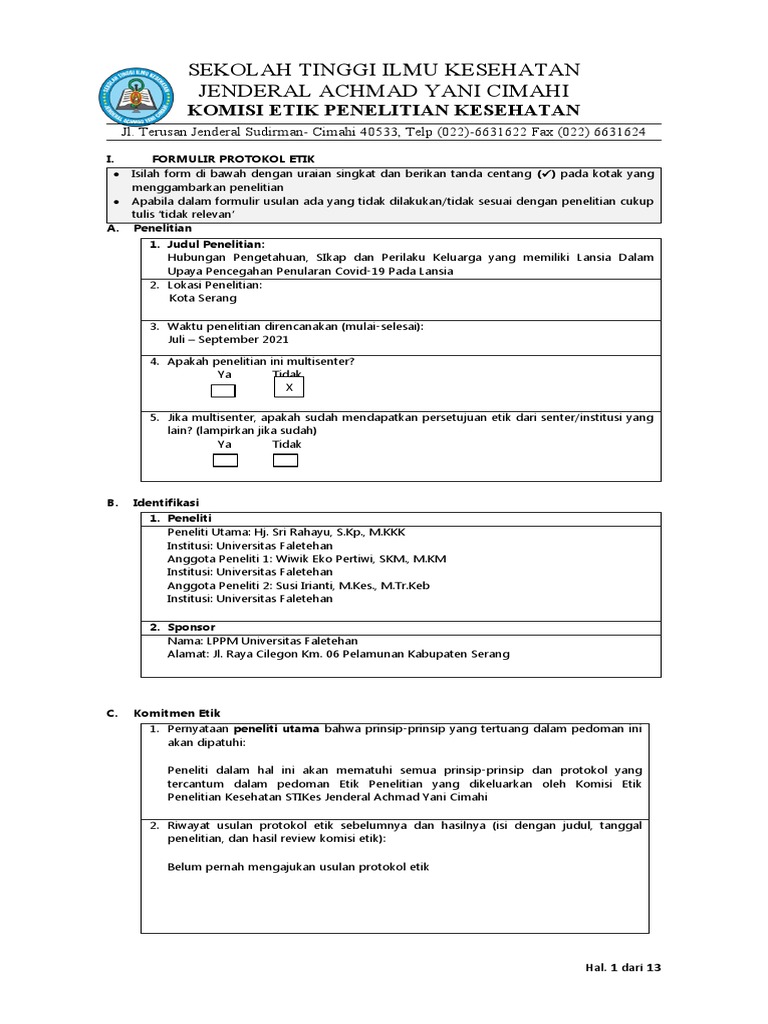 FORM 3 Formulir Protokol Etik Penelitian - 21 Juni 2021 | PDF