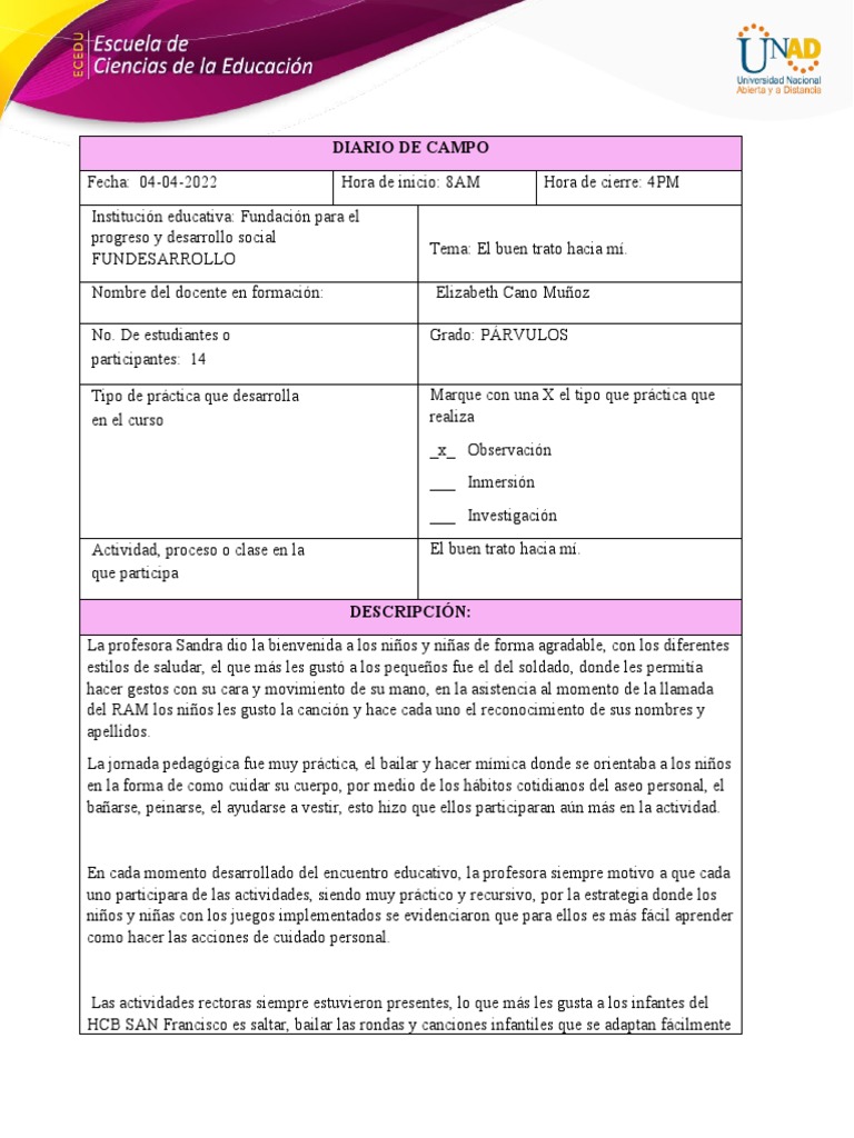 3-Diarios de Campo - Elizabeth Cano Muñoz | PDF | Enseñando | Aprendizaje