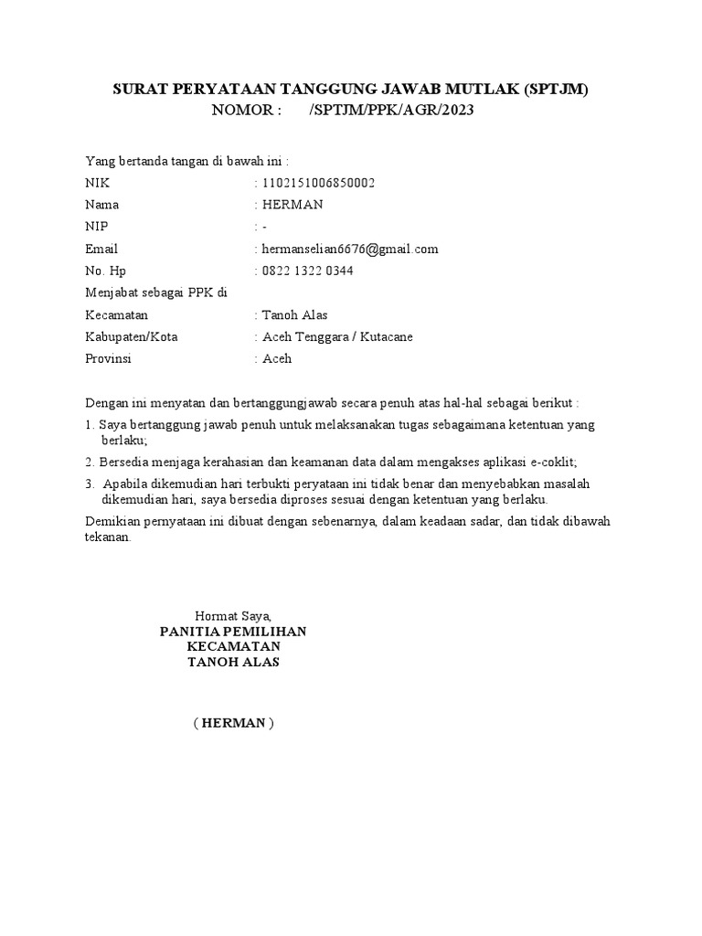Surat Peryataan Tanggung Jawab Mutlak (SPTJM) | PDF