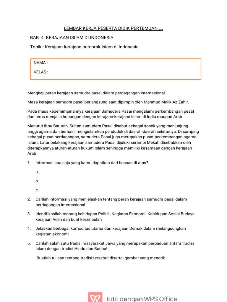LKPD BAB 4 Kerajaan-Ke Rajaan Bercorak Islam Di Indonesia | PDF