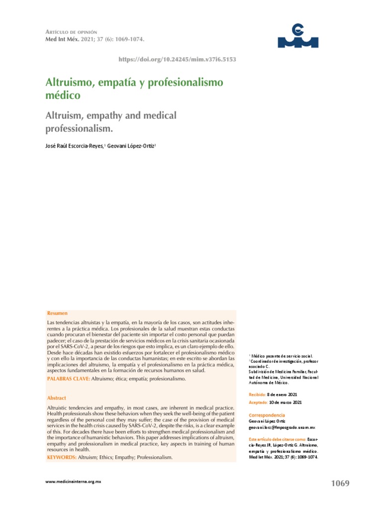 Altruismo, Empatía y Profesionalismo Médico: Altruism, Empathy and ...